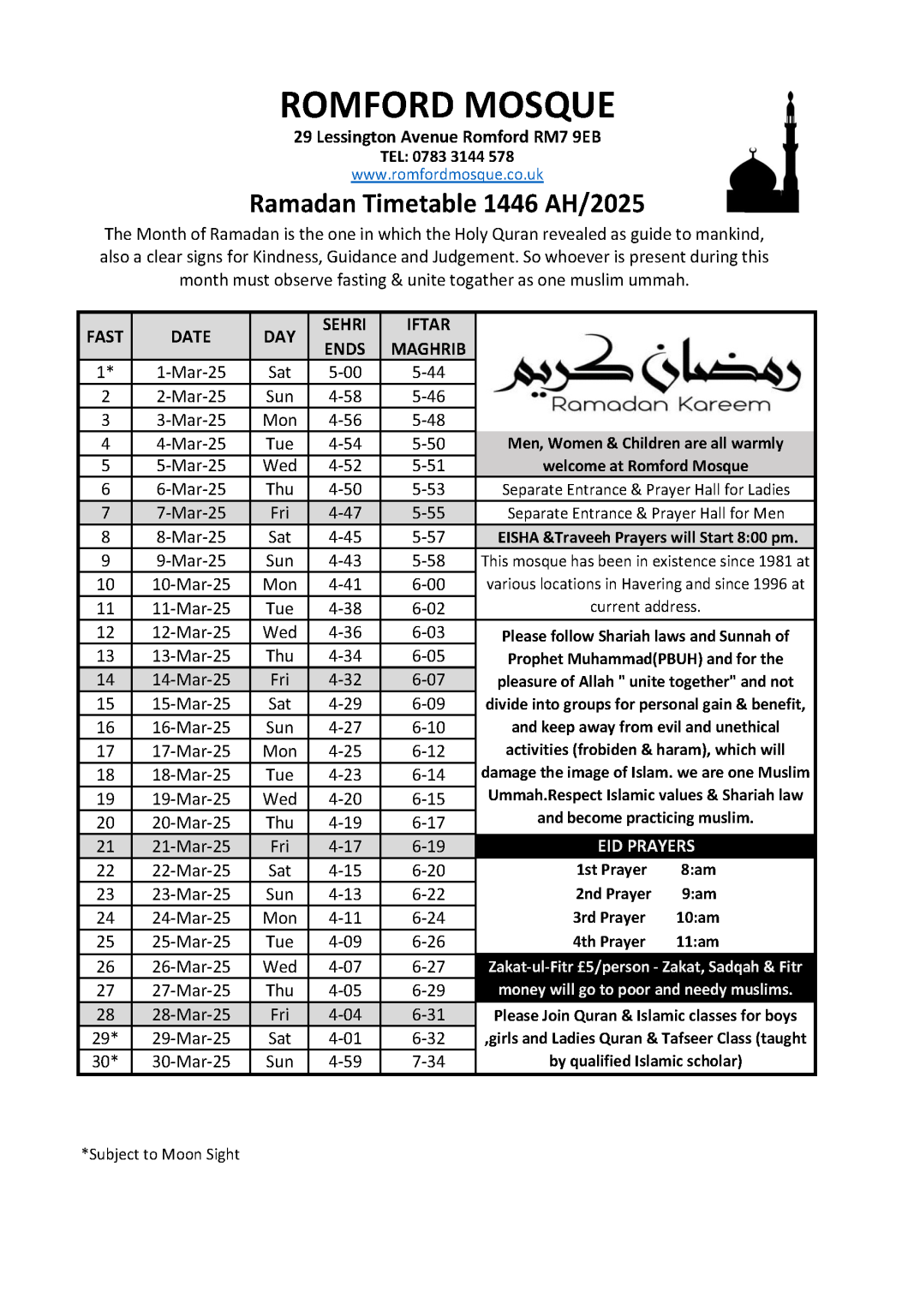 Romford Mosque, Quran and Islamic classes, Friday Prayer
